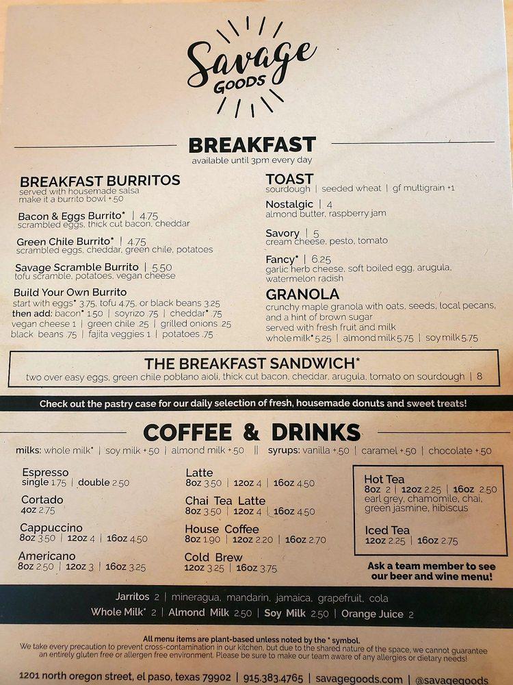 Menu at Savage Goods cafe, El Paso