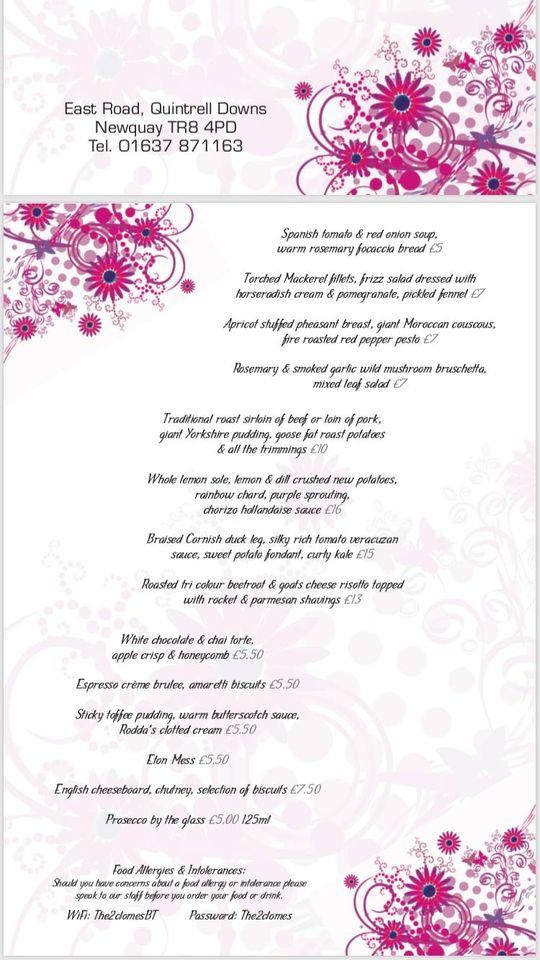 Menu at The Two Clomes pub & bar, Newquay