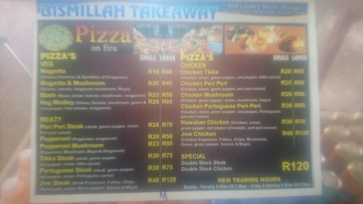 Menu at Bismillah Take Away restaurant, KwaDukuza