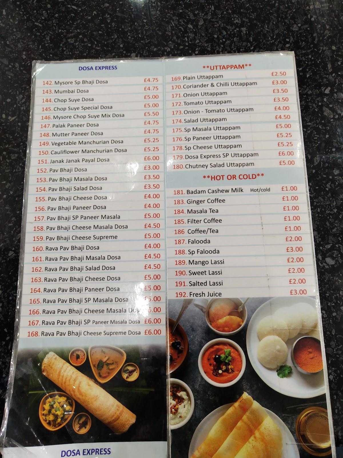 Menu at Dosa Express restaurant, Wembley