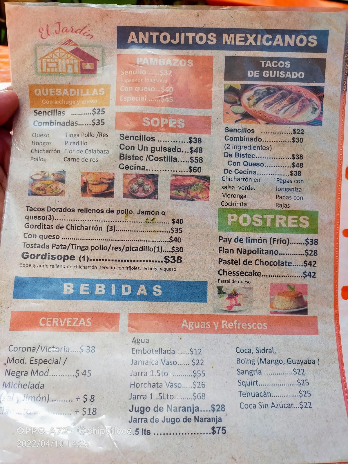 Menu at El Jardin restaurant, Mexico, Av Aleta 110
