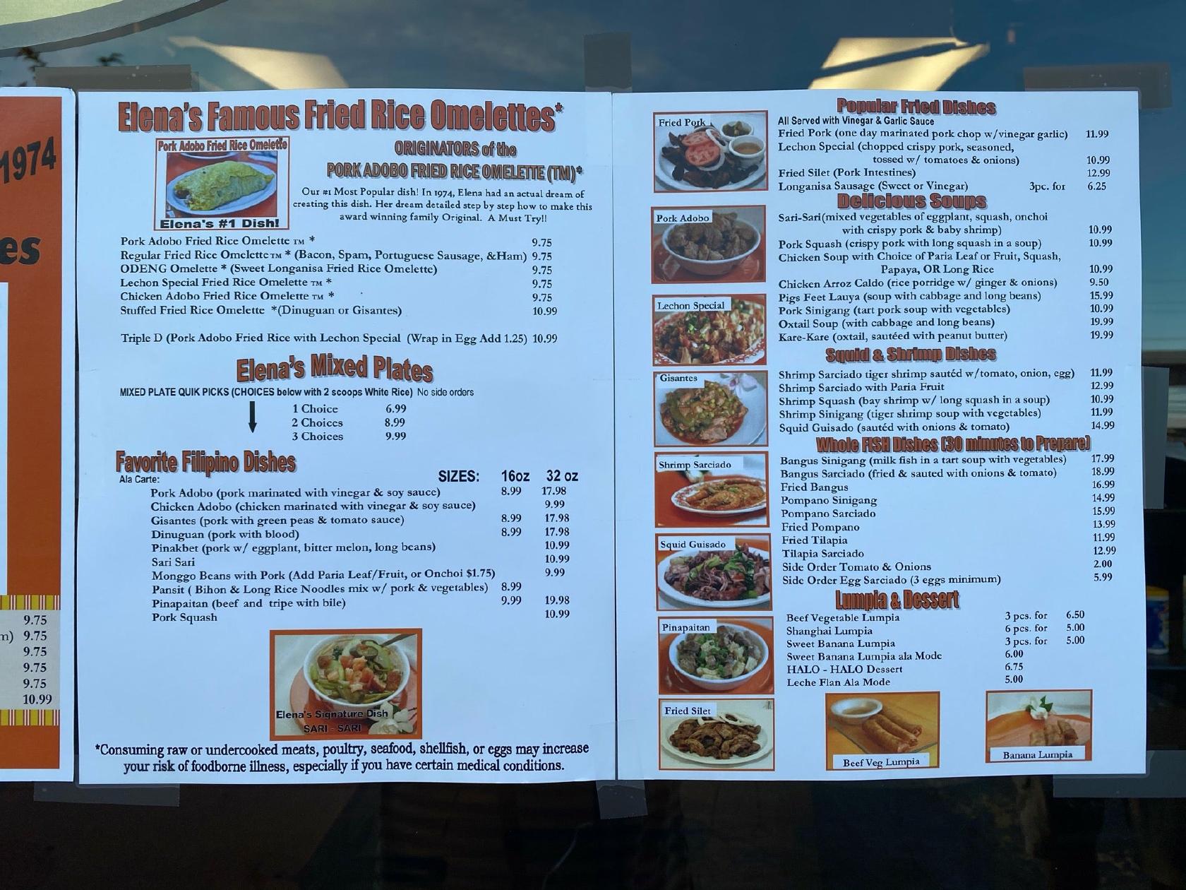 Menu at Elena's Restaurant, Waipahu, Tropicana Square Shopping Center