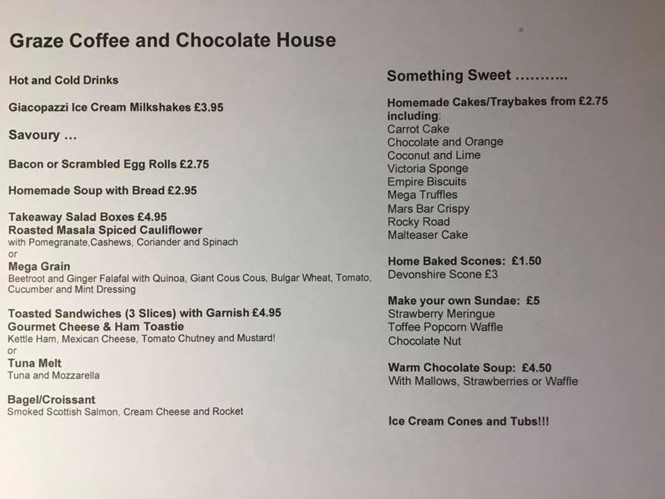 Menu at Graze Coffee & Chocolate House cafe, Dunbar