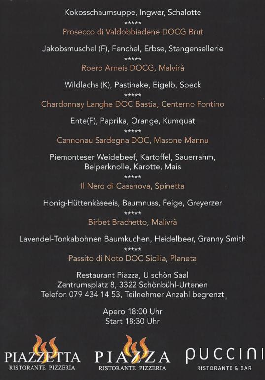 Menu at Puccini, Belp