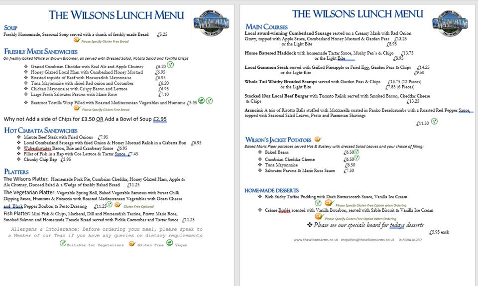 Menu at The Wilsons Arms pub & bar, Torver