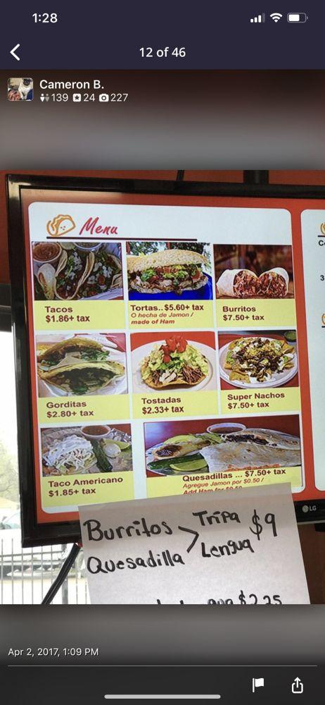 Menu at Alondra's Tacos restaurant, Wichita