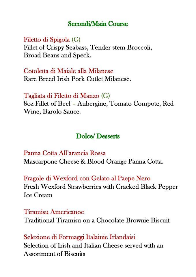 Menu at Assagio restaurant, Clane