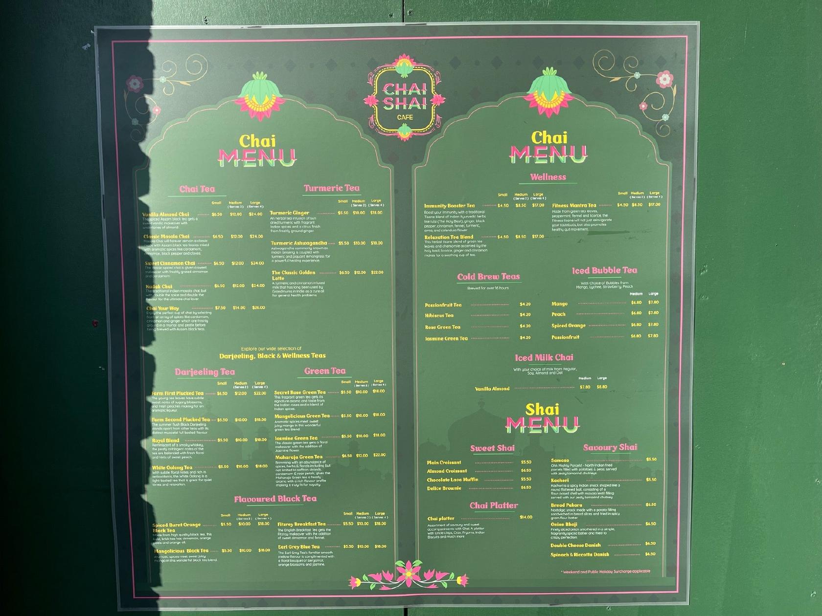 Menu at Chai Shai Cafe, Fitzroy