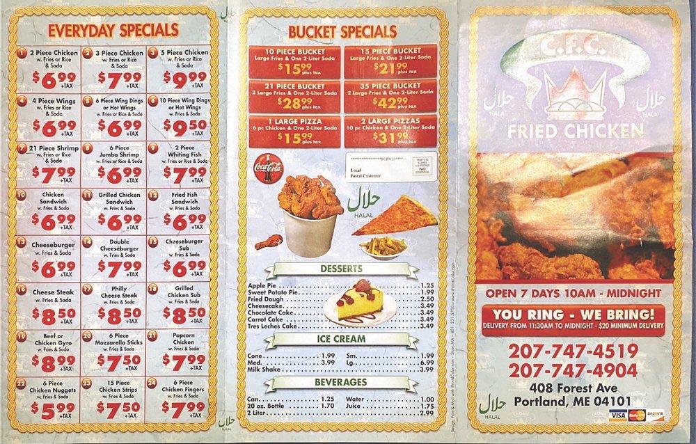 Menu at Crown Fried Chicken pizzeria, Portland, 408 Forest Ave