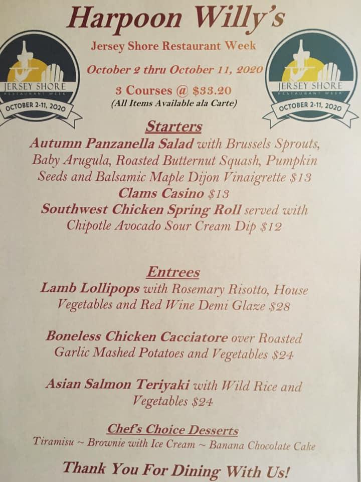 Menu at Harpoon Willy's restaurant, Manasquan