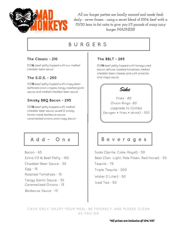 Menu at Mad Monkeys Burger Lab restaurant, San Juan, M84C+HG2