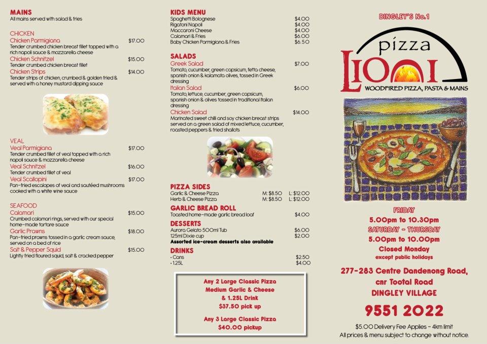 Menu at Pizza Lioni pizzeria, Dingley Village