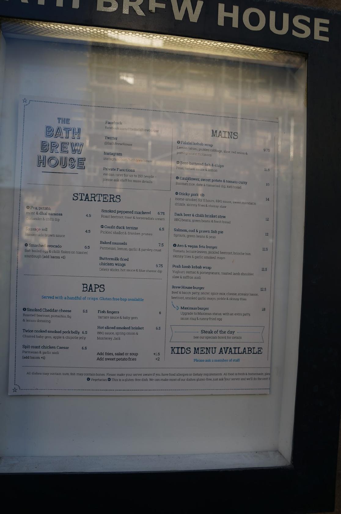 Menu at The Bath Brew House pub & bar, Bath