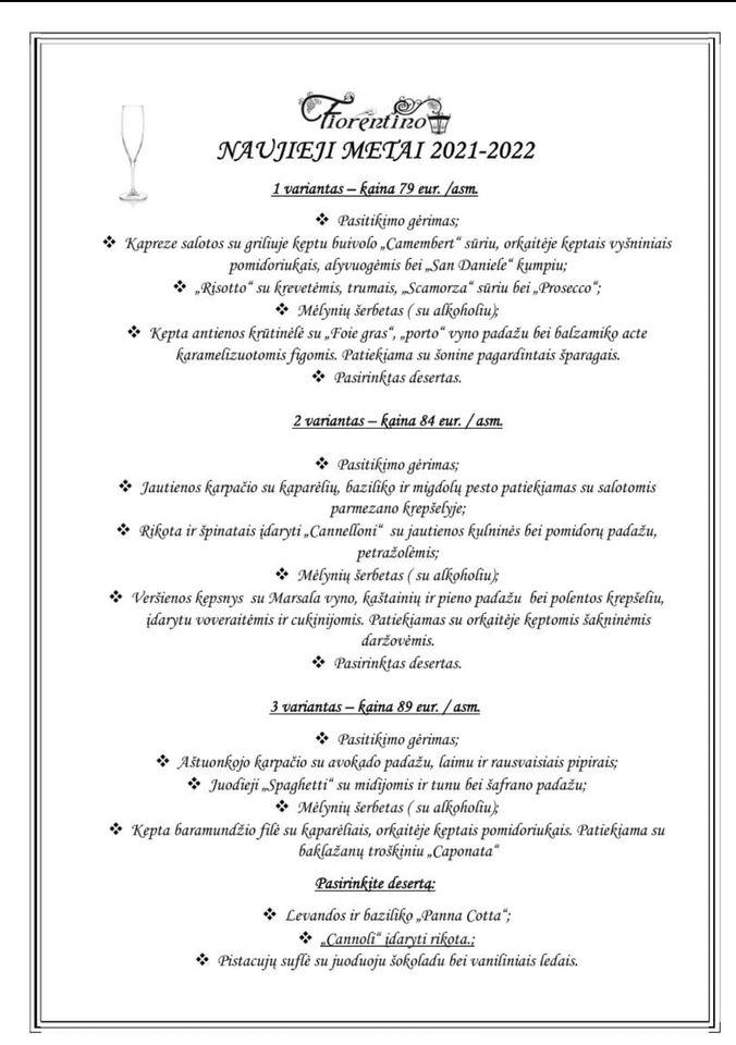 Menu at Fiorentino restaurant, Vilnius