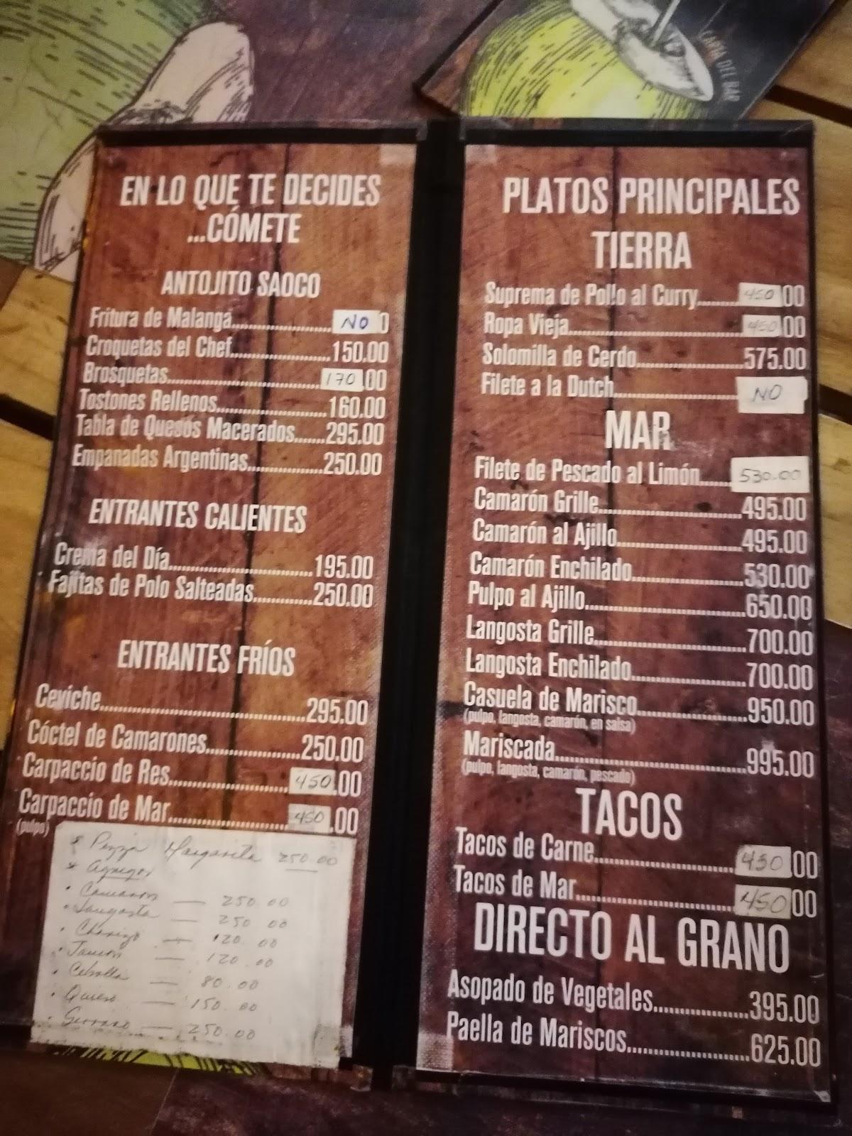 Menu at Saoco restaurant, Havana