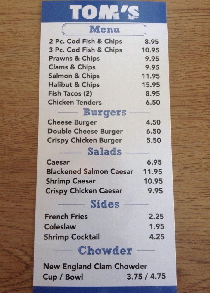 Menu at Tom's Fish & Chips Seaside restaurant, Seaside