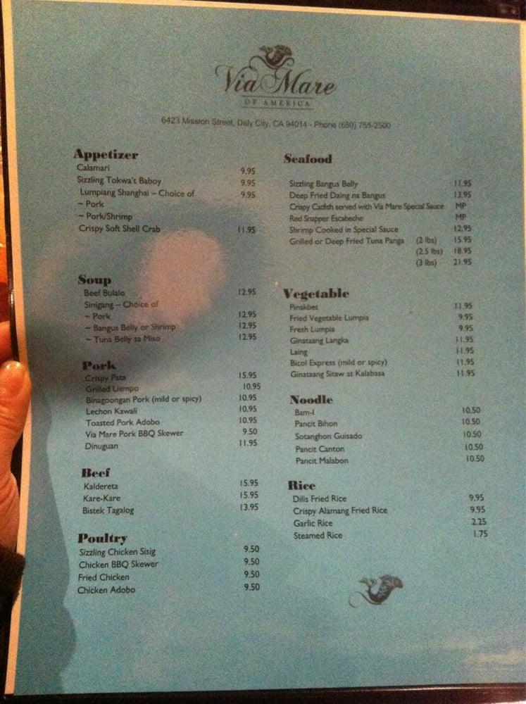 Menu at Via Mare of America restaurant, Daly City