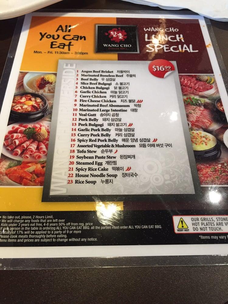 Menu at Wang Cho Korean BBQ, Riverside