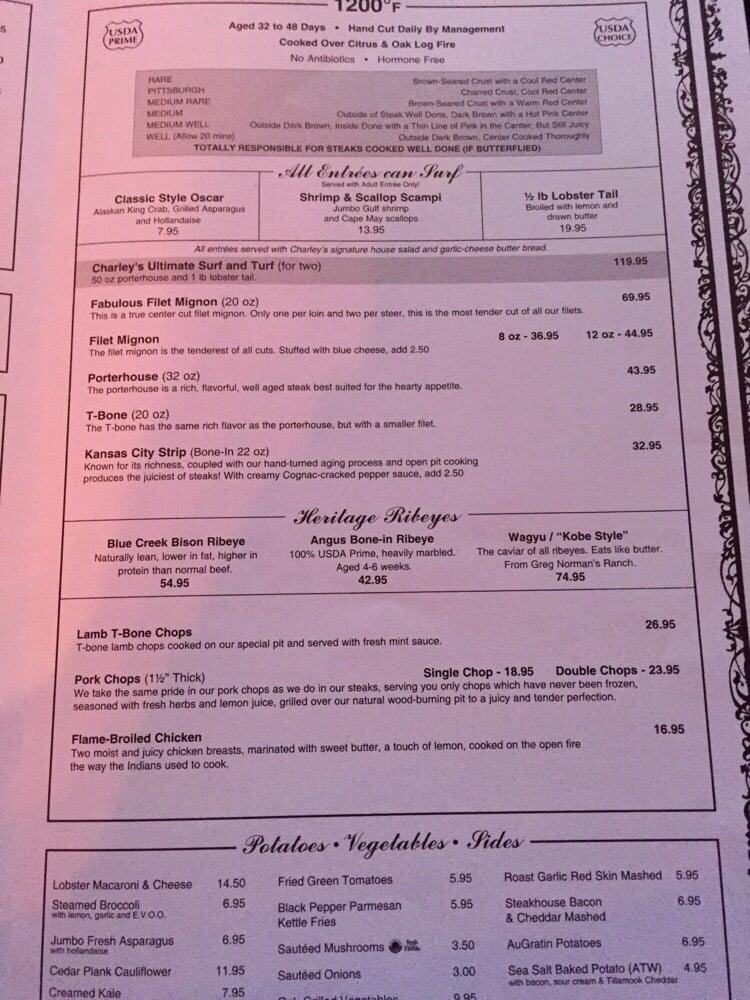 Menu at Charley's Steak House steakhouse, Orlando, International Dr #100