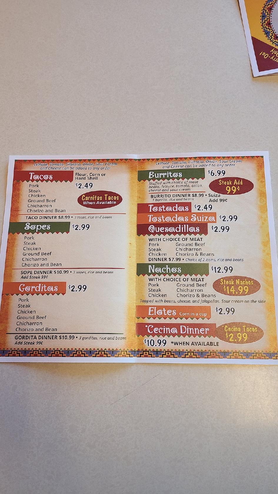 Menu at Mas Tacos restaurant, Highland