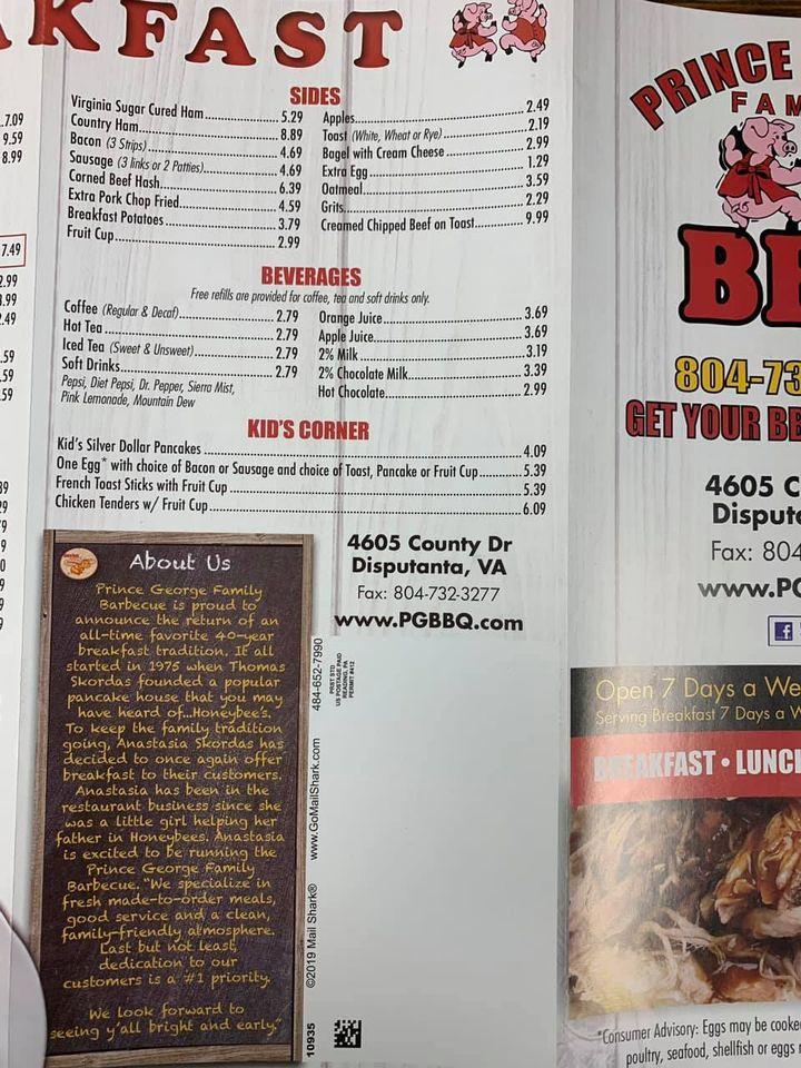 Menu at Prince George Family BBQ, Petersburg