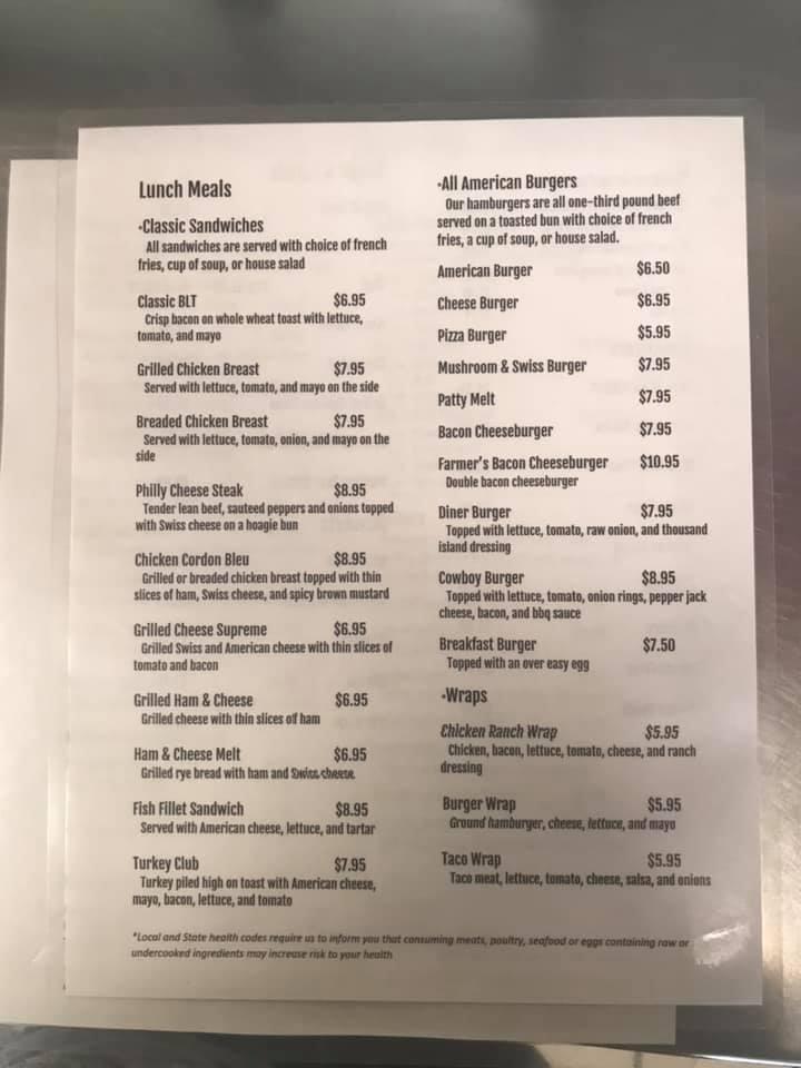 Menu at Sandy's Diner restaurant, Markesan