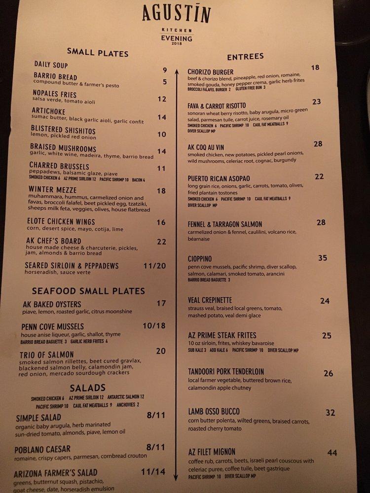 Menu at Agustin Kitchen pub & bar, Tucson
