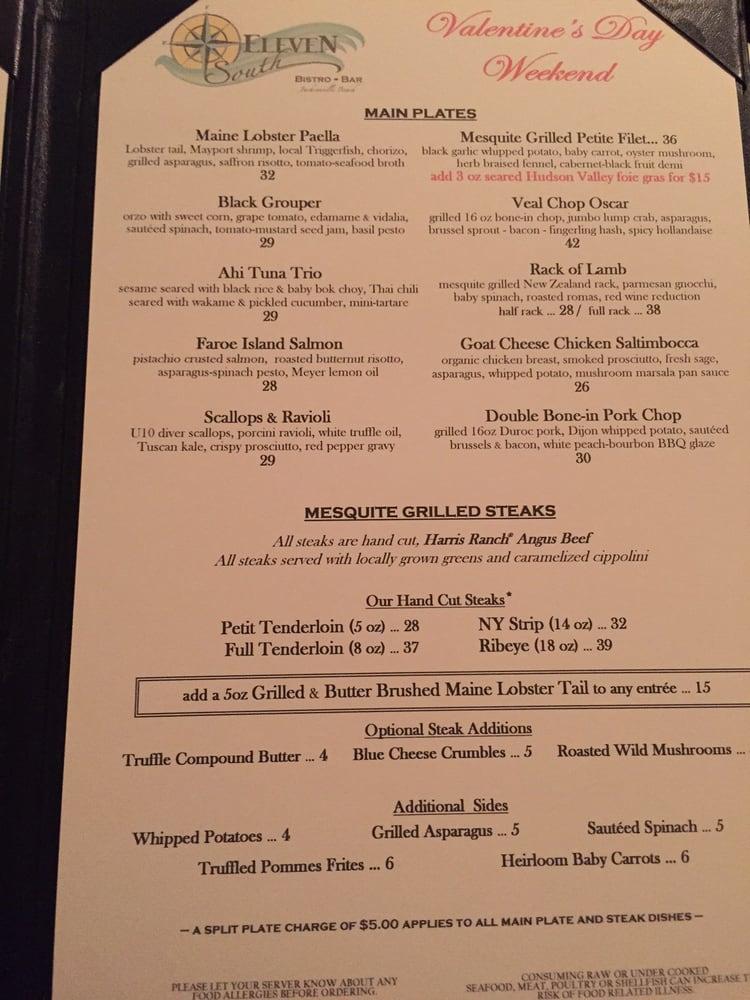 Menu at Eleven South restaurant, Jacksonville Beach