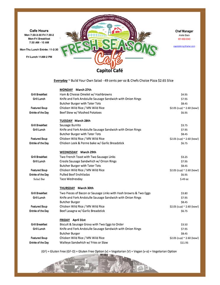 Carta de Fresh Seasons Café At MN Capitol Building, Saint Paul