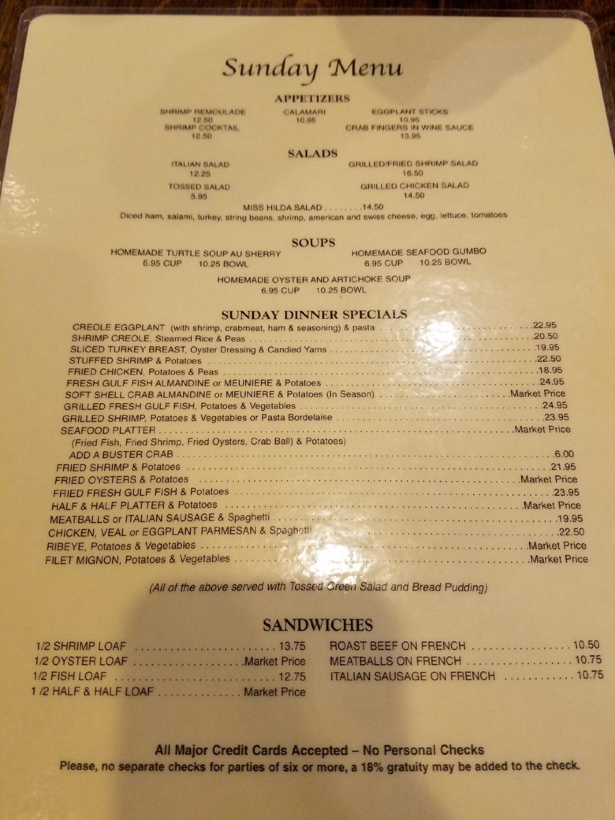 Menu at Mandina's Restaurant, New Orleans