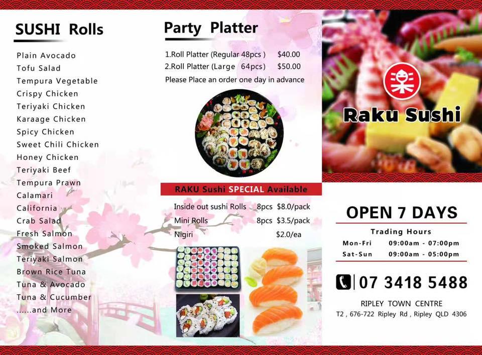Menu at Raku Sushi restaurant, Ripley