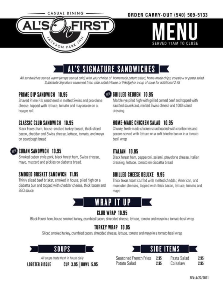 Menu at Al's On First restaurant, Pulaski