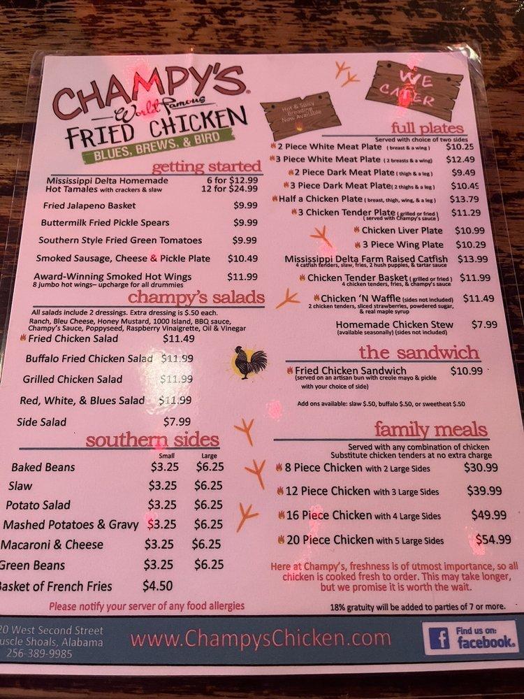 Menu at Champy's Famous Fried Chicken pub & bar, Muscle Shoals