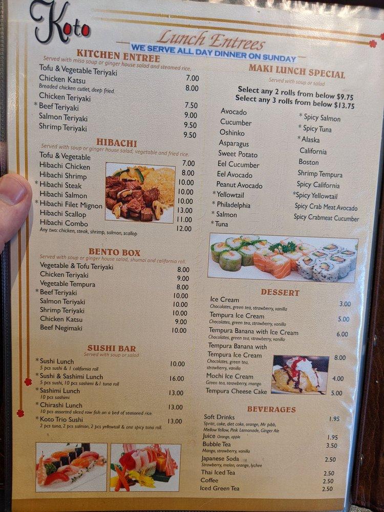 Menu at KOTO Japanese Sushi&Steak House restaurant, Clemmons