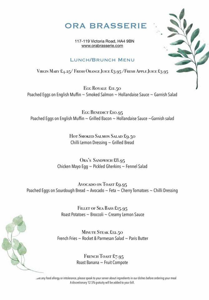 Menu at Ora Brasserie restaurant, Ruislip, 117-119 Victoria Rd