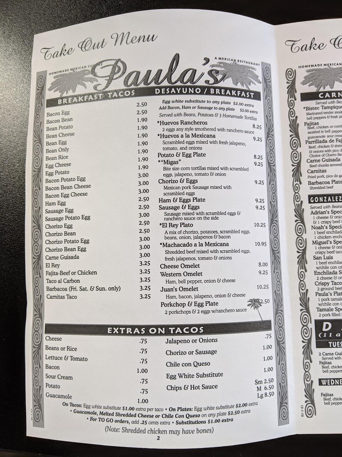 Menu at Paula's restaurant, Arlington