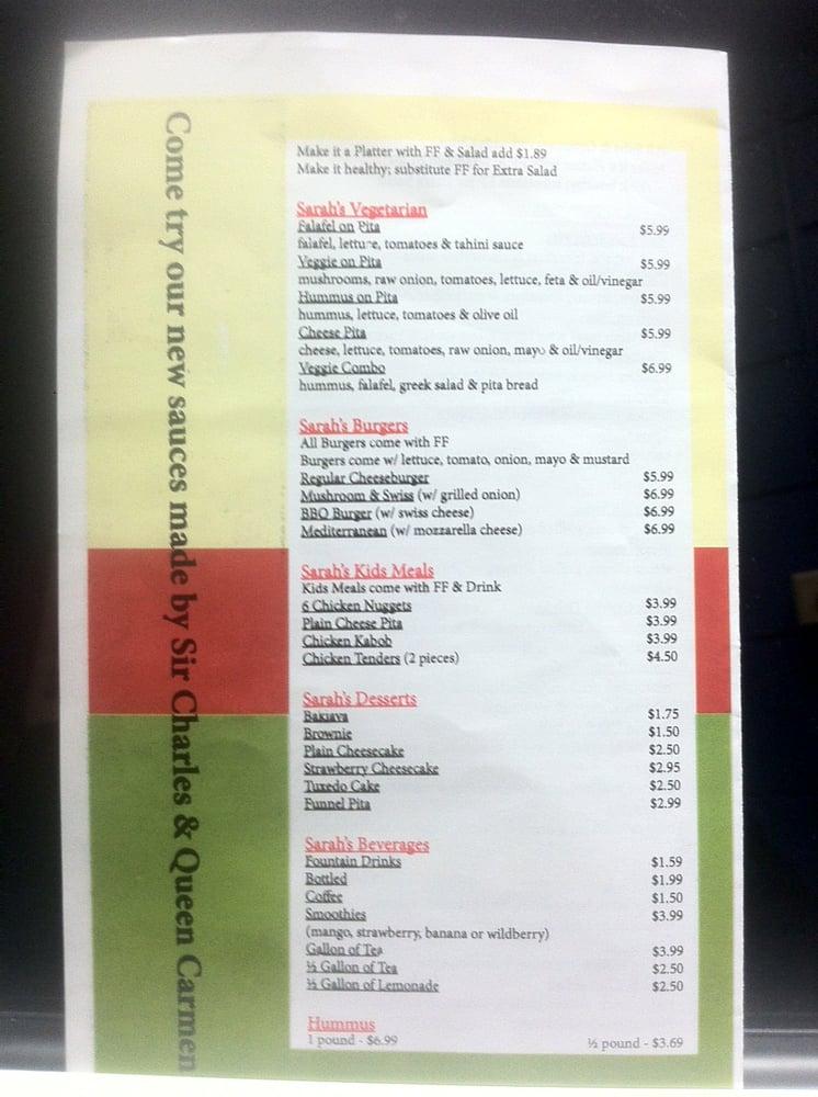 Menu at Sarah's Kabob Shop restaurant, Greensboro, 5340 W Market St