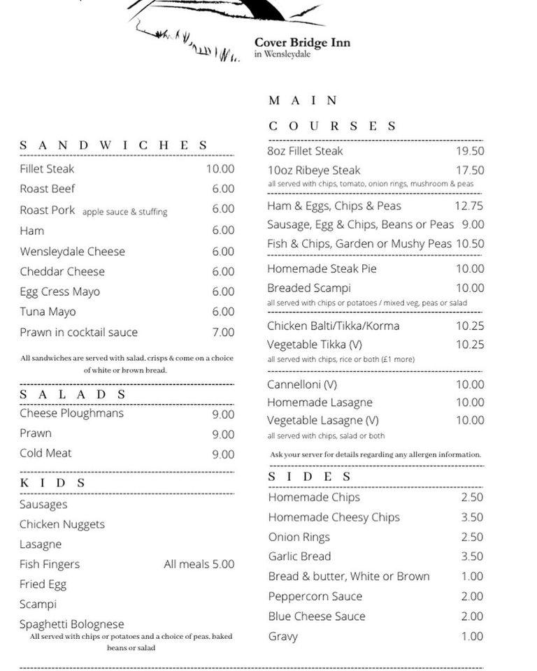 Menu at The Cover Bridge Inn pub & bar, East Witton, A6108