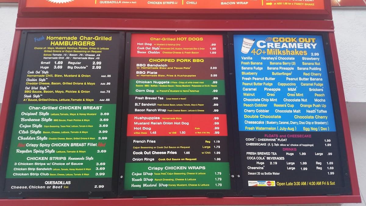 Menu At Cook Out Fast Food Raleigh Falls Of Neuse Rd