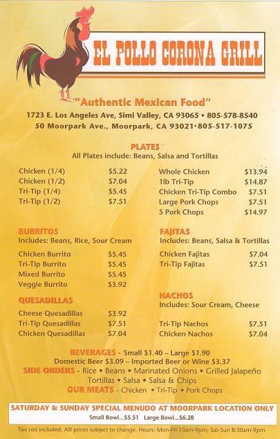 Menu at El Pollo Corona Grill restaurant, Moorpark