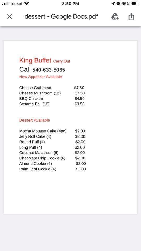 Menu at King Buffet restaurant, Fairlawn
