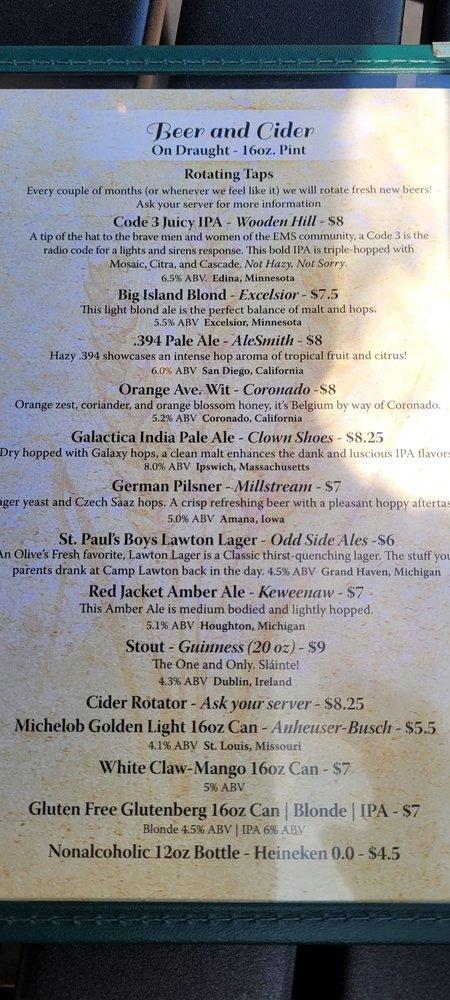 Menu at Olive’s Fresh Pizza Bar Edina, Edina