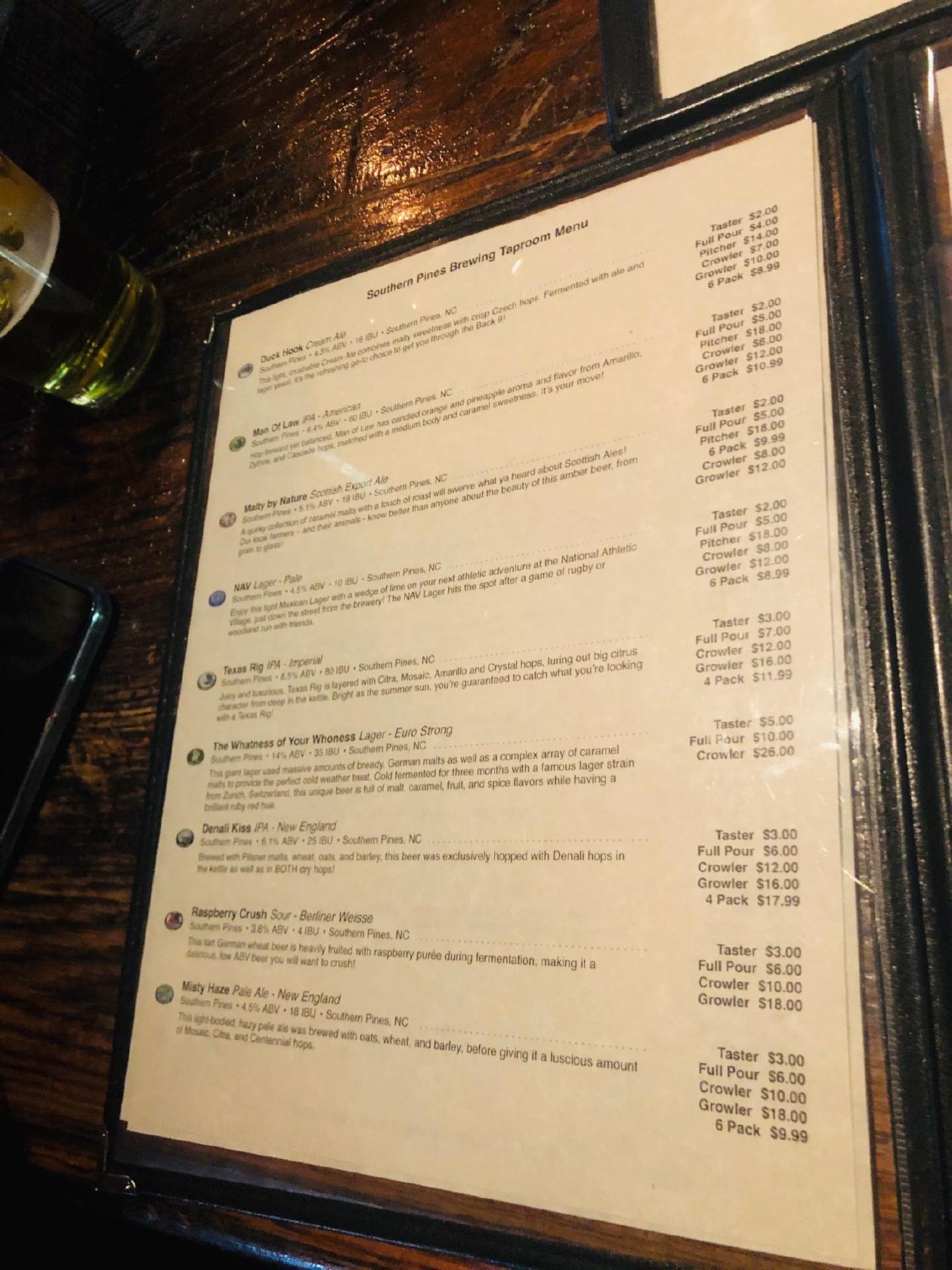 Menu at Southern Pines Brewing Co pub & bar, Southern Pines