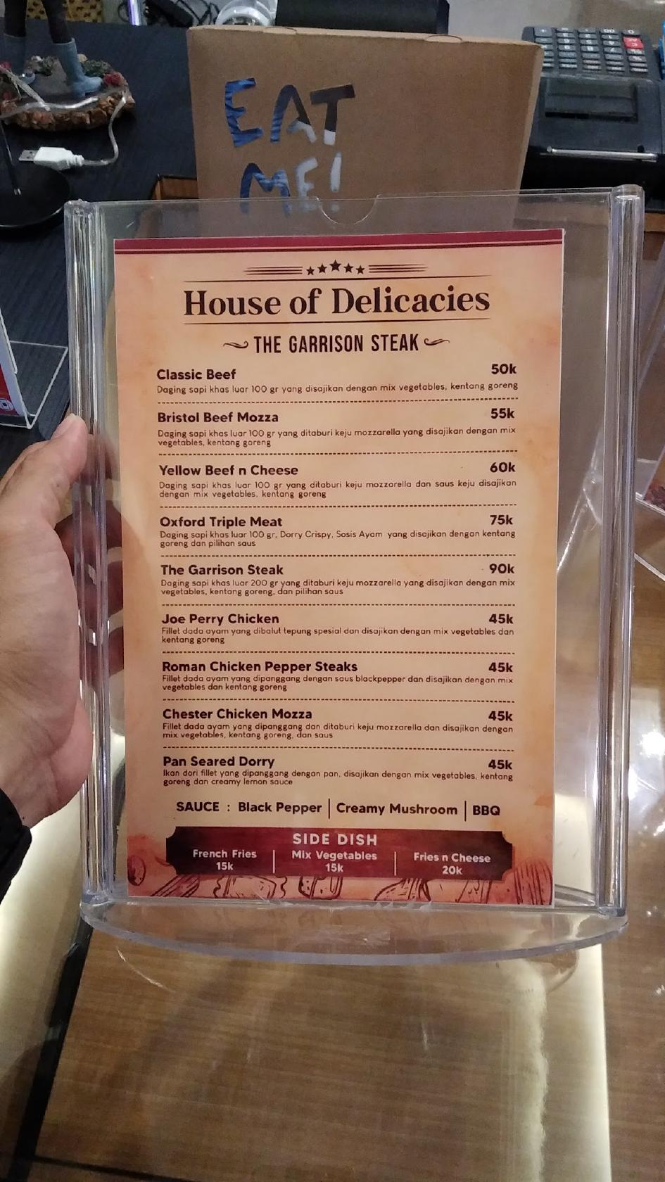Menu at The Garrison restaurant, Palangkaraya