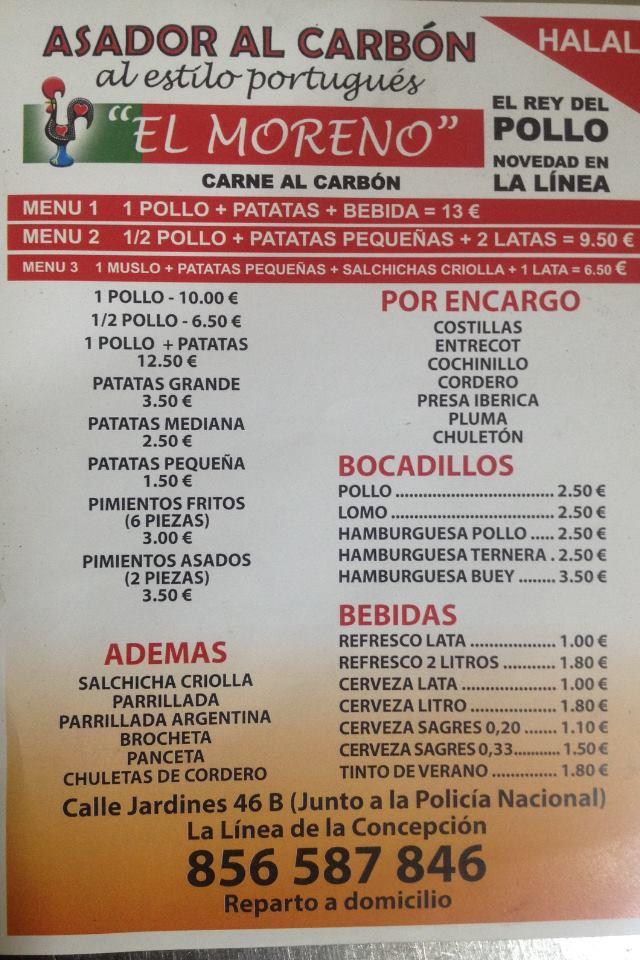 Menu at Asador Al Carbón "El Moreno" restaurant, La Línea de la Concepción