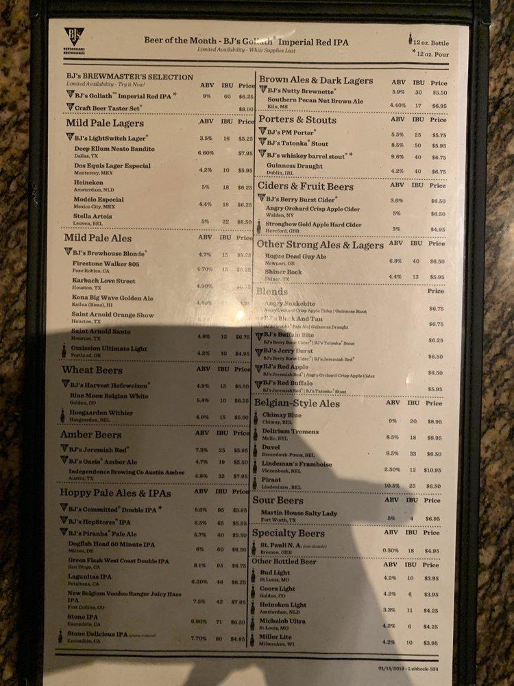 Menu at BJ's Restaurant & Brewhouse, Lubbock, S Loop 289 Bldg #100