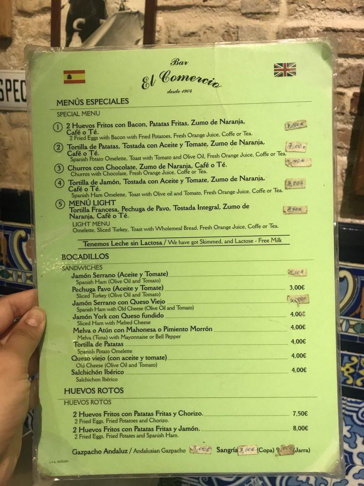 Menu at Bar El Comercio, Seville