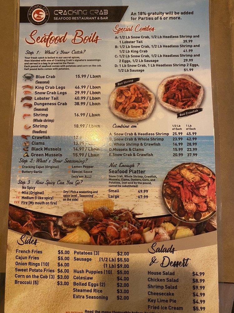 Menu at Cracking Crab restaurant, Pensacola