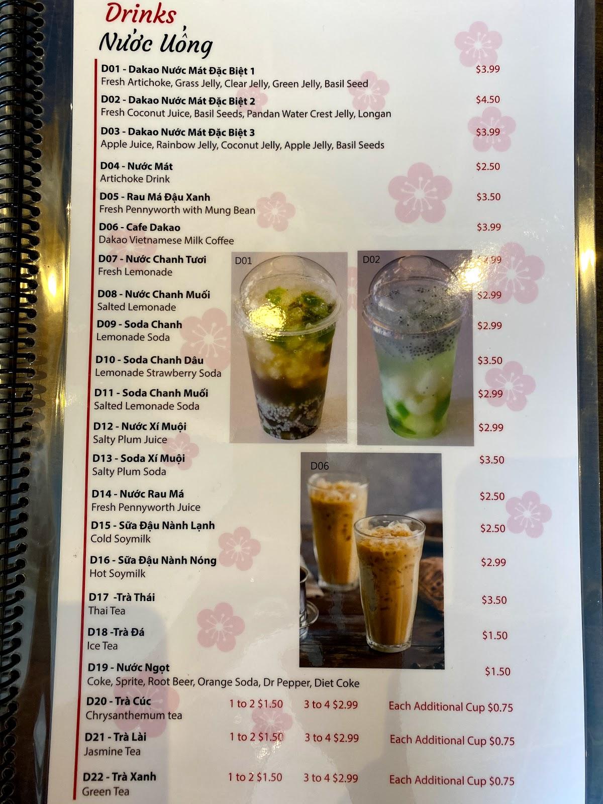 Menu at Dakao restaurant, Houston