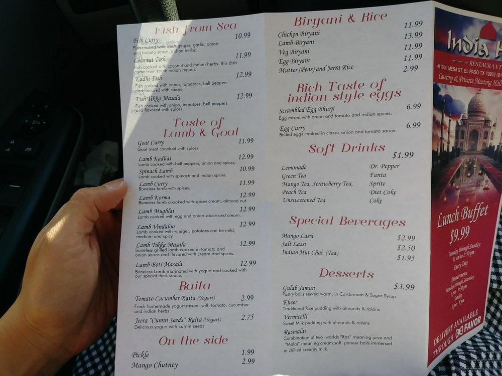 Menu at India Hut restaurant, El Paso, N Mesa St